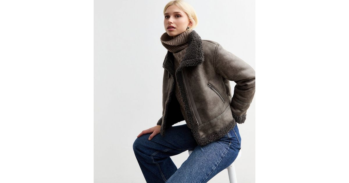 Grey Faux Leather Cropped Aviator Jacket | New Look