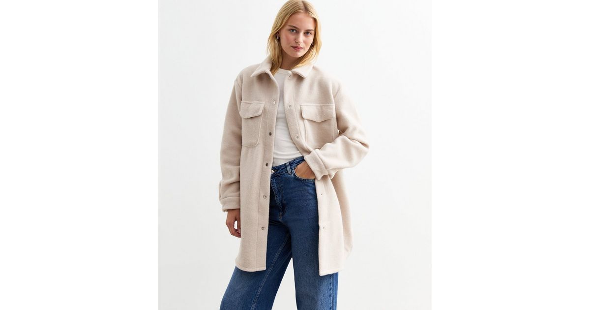 Tall Cream Felted Press Stud Shacket | New Look