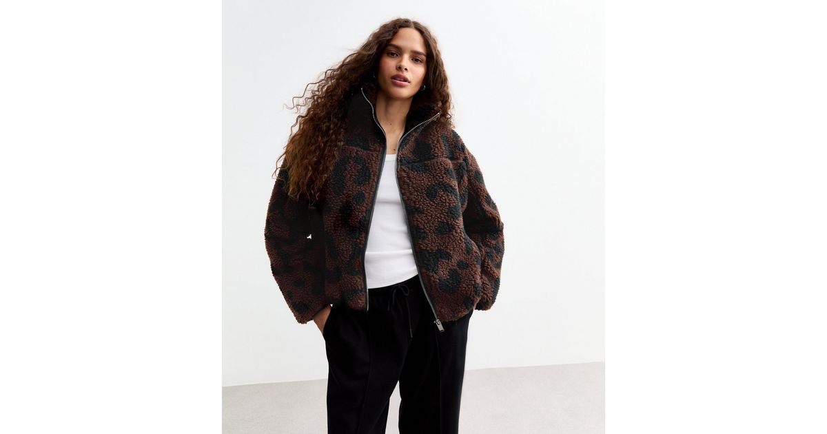 Brown Animal Print Zip Up Borg Jacket | New Look
