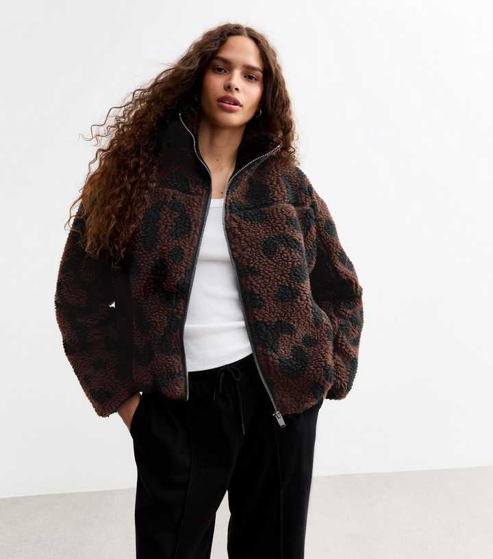Brown Animal Print Zip Up Borg Jacket | New Look