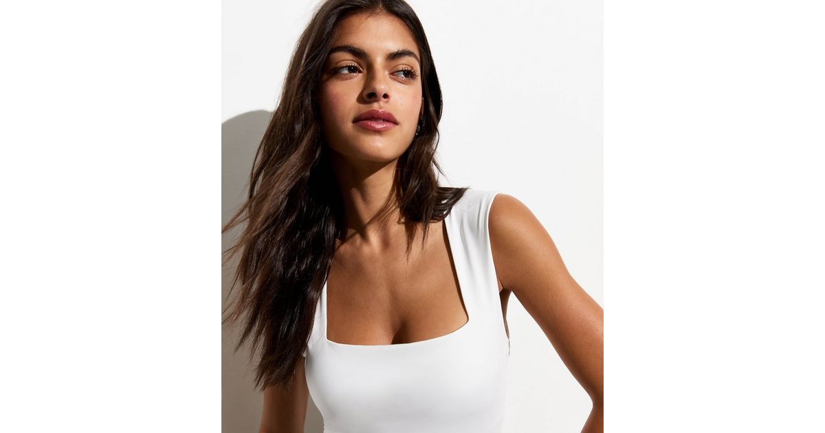 White Slinky Square Neck Thong Bodysuit New Look
