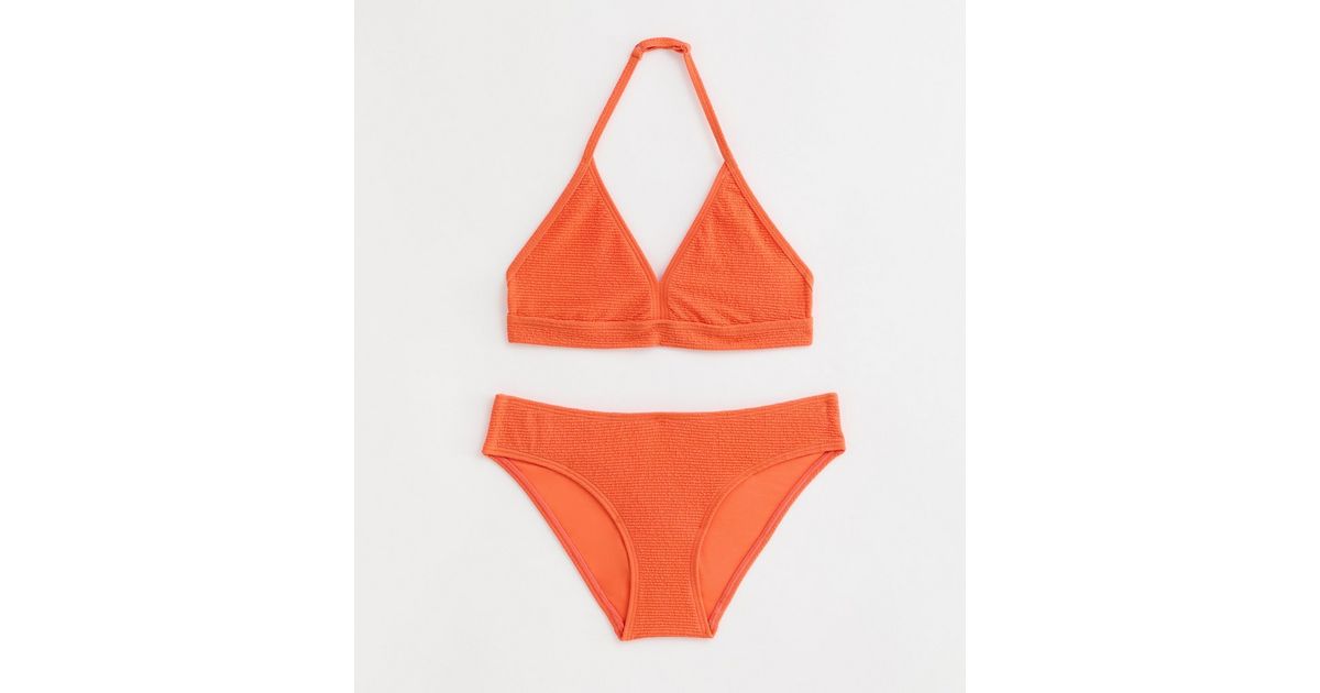 Girls Bright Orange Textured Triangle Bikini Set | New Look