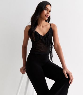 Black Mesh Strappy Ruffle Crop Top | New Look