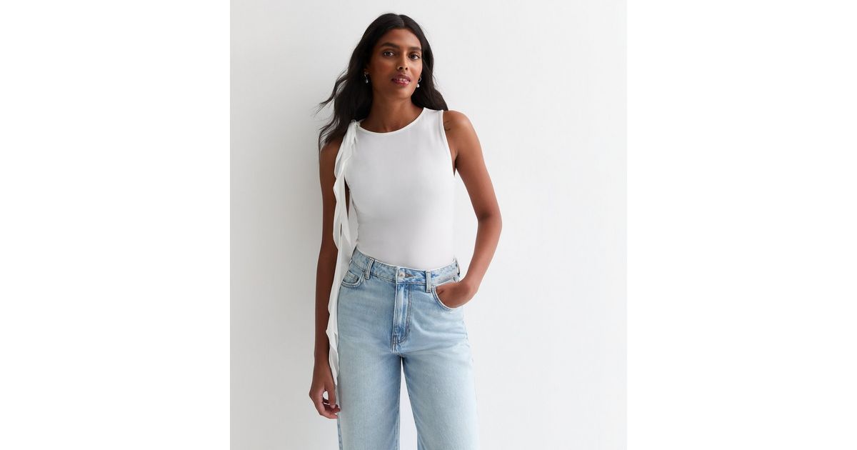 White Jersey Sleeveless Asymmetric Ruffle Top | New Look