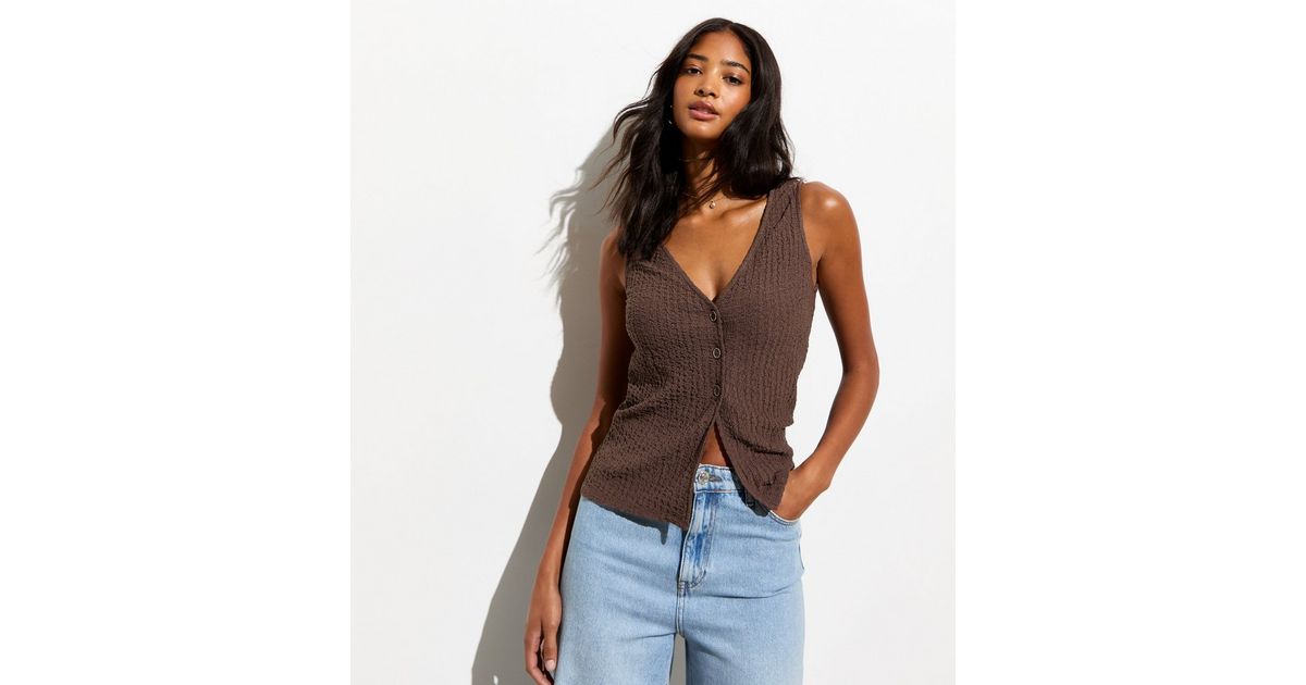 Dark Brown Textured Button Through Vest | New Look
