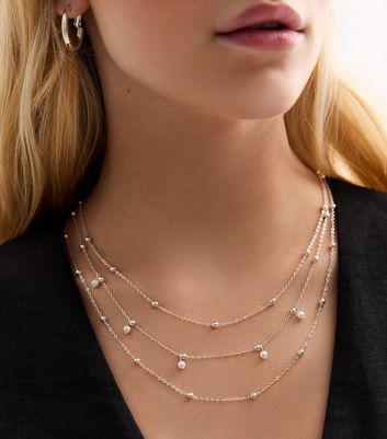 Silver Faux Pearl Layered Chain Necklace New Look