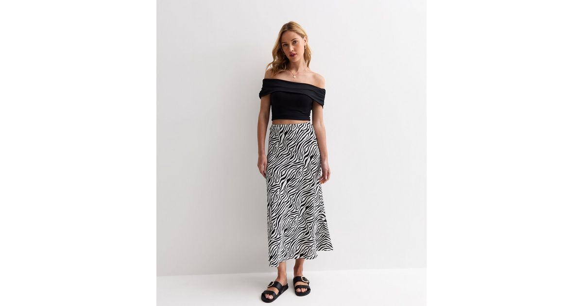Gini London Black Zebra Print Satin Midi Skirt New Look