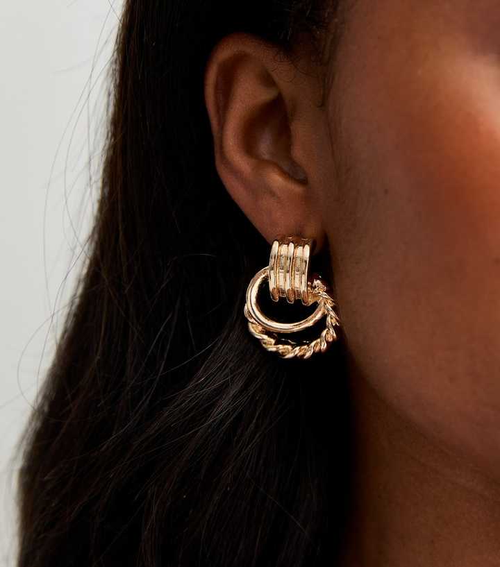 Gold Double Circle Twisted Doorknocker Earrings | New Look