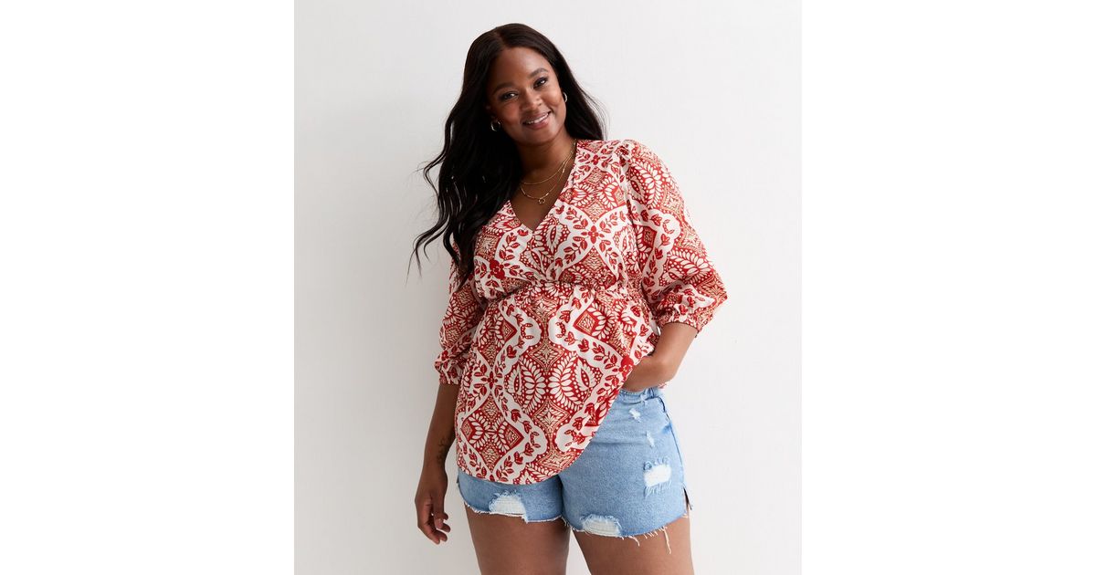Curves Red Abstract Print Peplum Hem Top | New Look