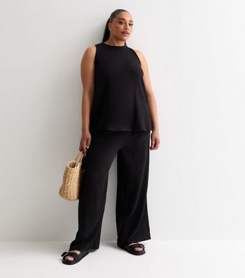Curves Black Textured Cotton Wide Leg Trousers | New Look