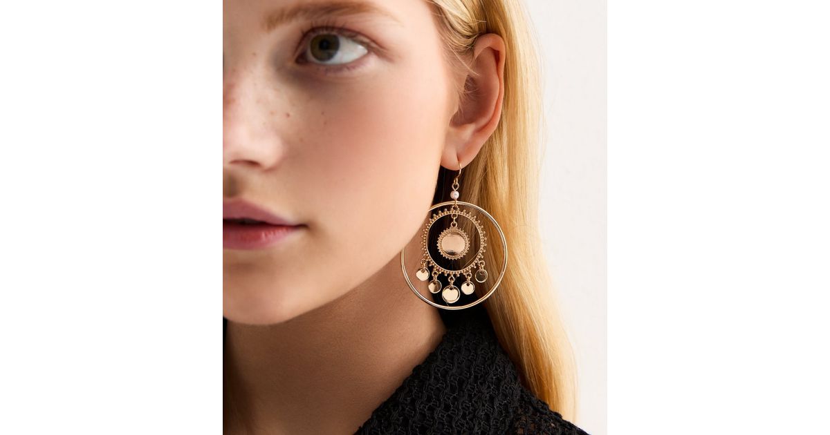 Gold Double Circle Disc Drop Earrings | New Look