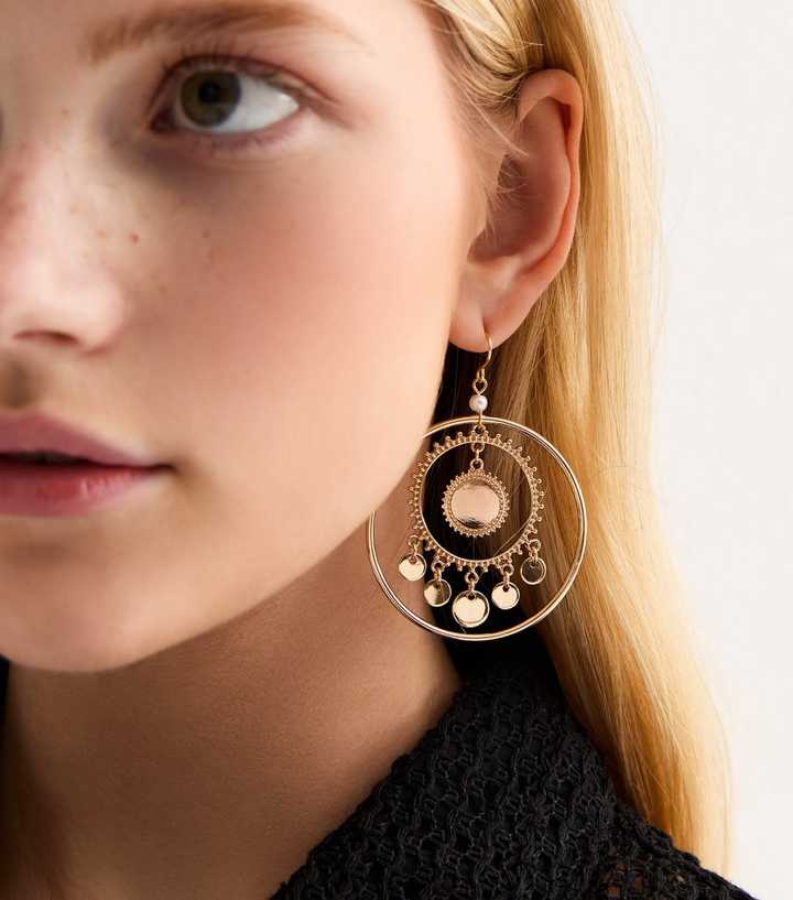 Gold Double Circle Disc Drop Earrings | New Look