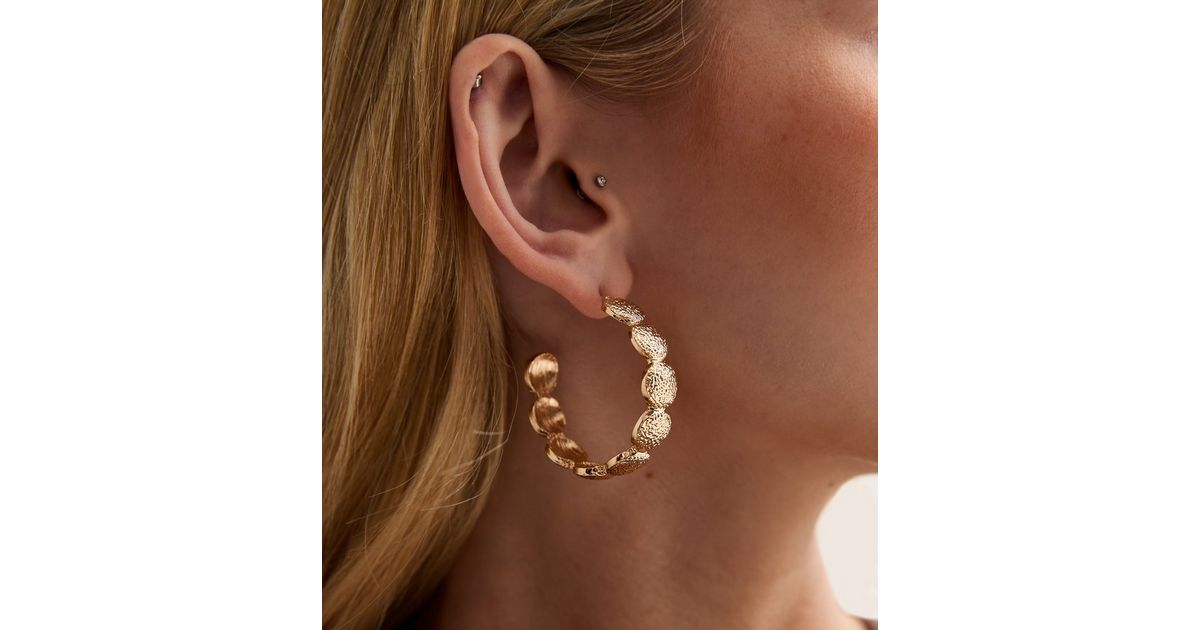 Gold Tone Textured Circle Link Hoops | New Look