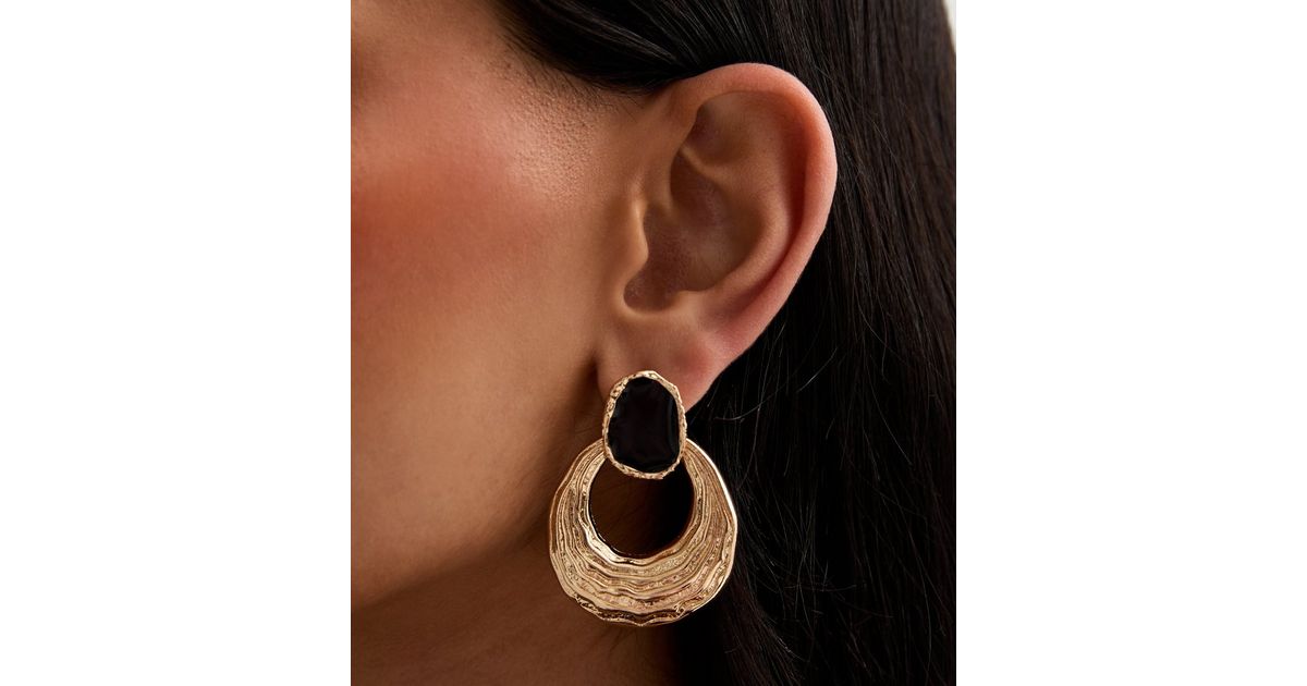 Black Enamel Text Doorknocker Earrings | New Look