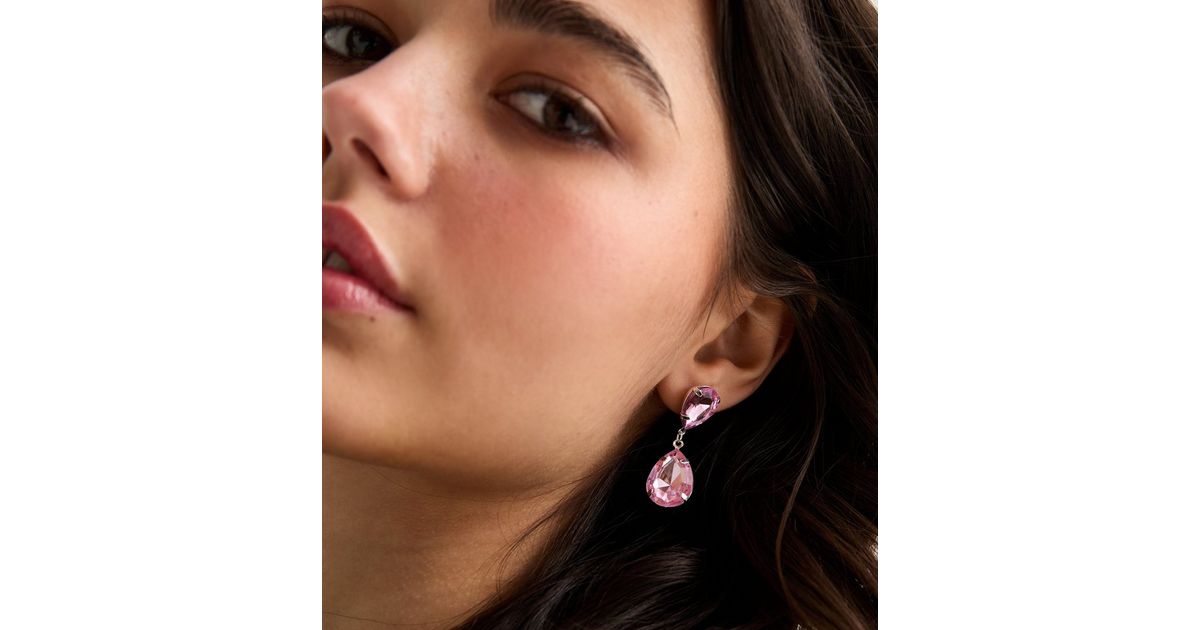 Pink Diamante Gem Tear Drop Earrings | New Look