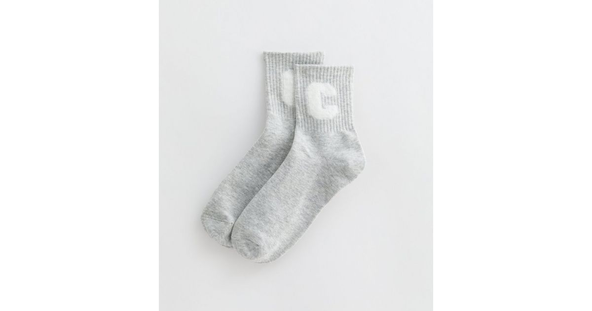 Grey Cotton-Blend C Collegiate Patch Tube Socks | New Look