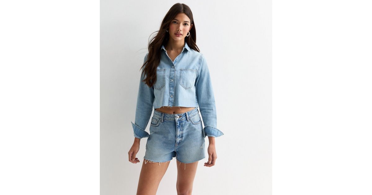 Blue Cropped Denim Shirt | New Look
