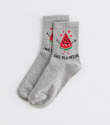 Grey One In A Melon Tube Socks | New Look