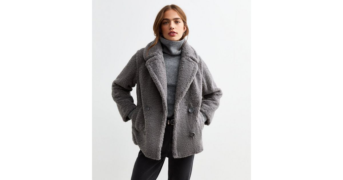 Grey Short Borg Coat | New Look