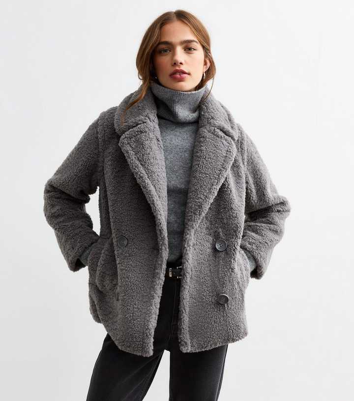 Grey Short Borg Coat | New Look