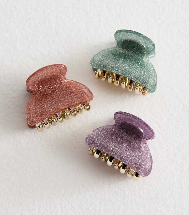 3 Pack Multicoloured Glitter Mini Hair Claw Clips | New Look