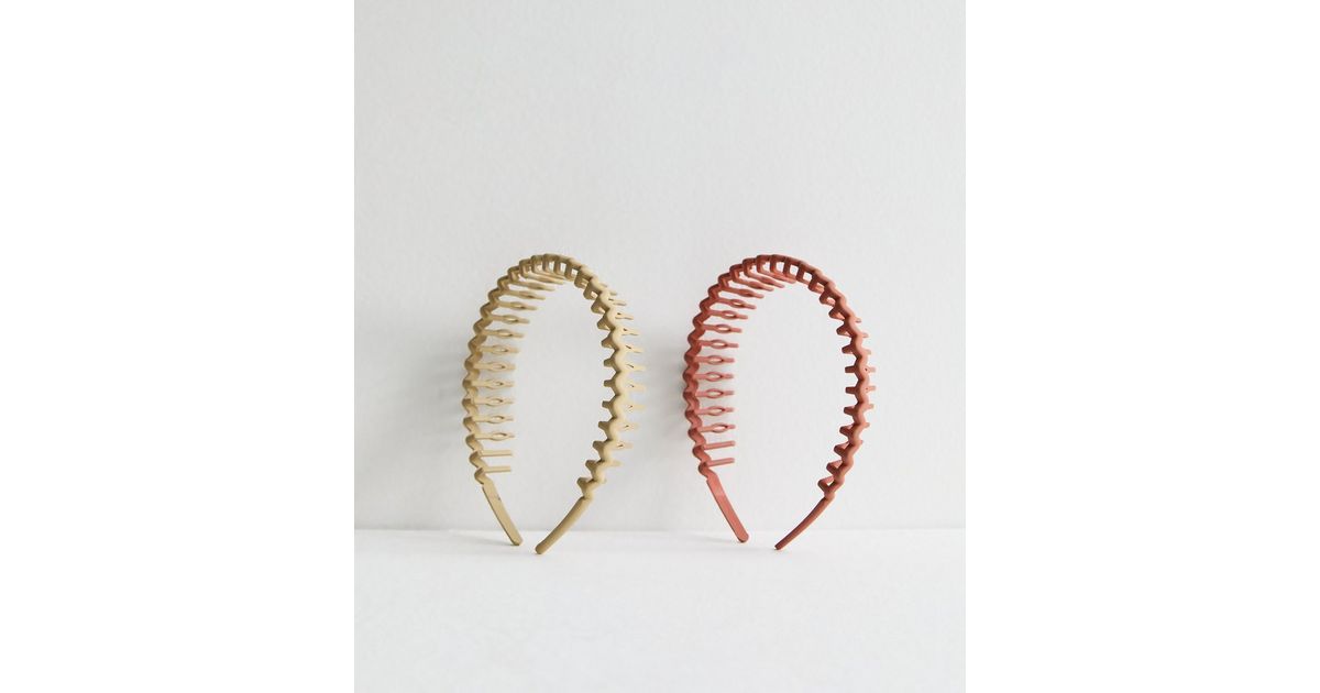 2 Pack Pale Yellow And Rust Matte Comb Headbands New Look