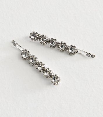 2 Pack Silver Diamante Flower Hair Slides | New Look