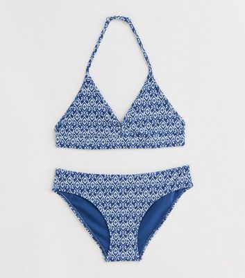 Girls Dark Blue Abstract Print Triangle Bikini Set | New Look