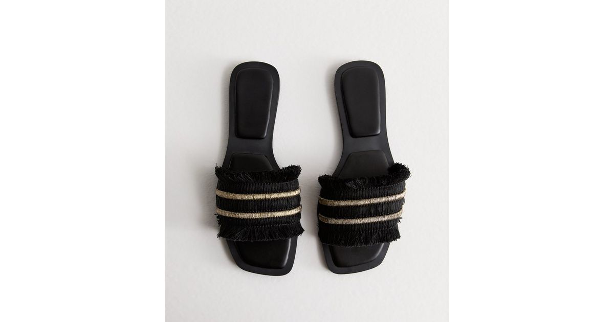 Truffle Black Fringe Sliders | New Look
