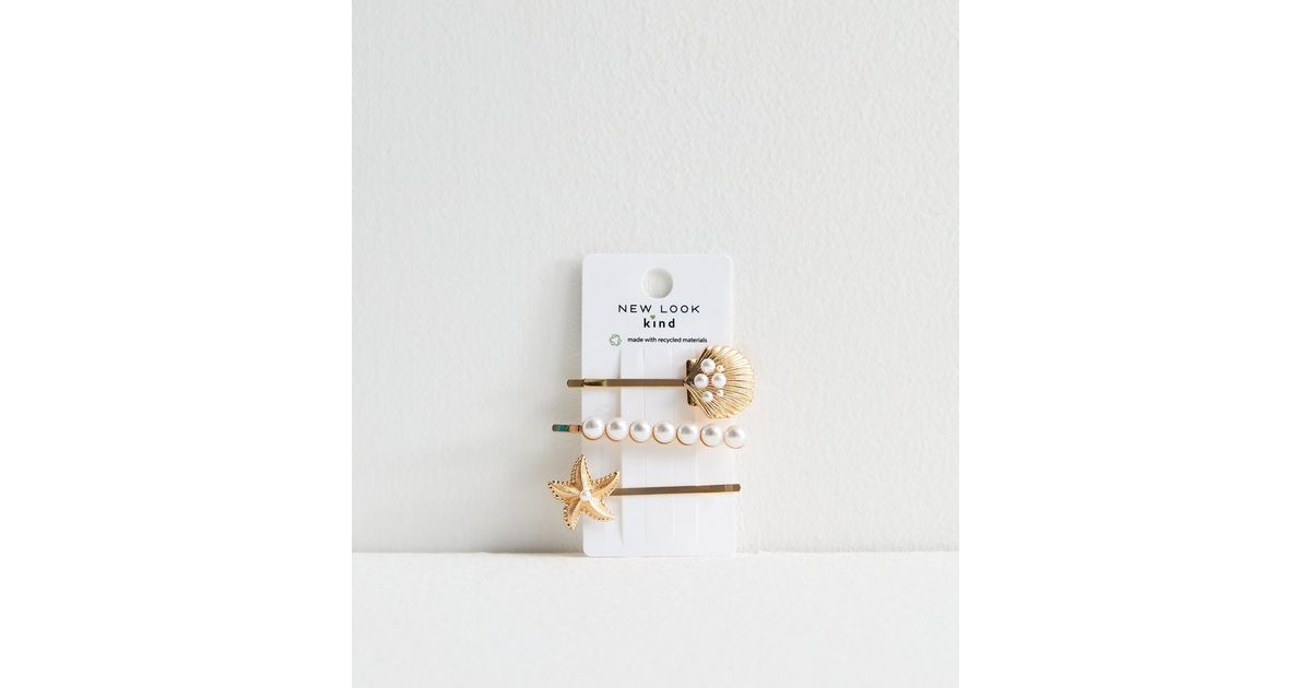 Gold Tone 3 Pack Starfish and Shell Hair Clips | New Look