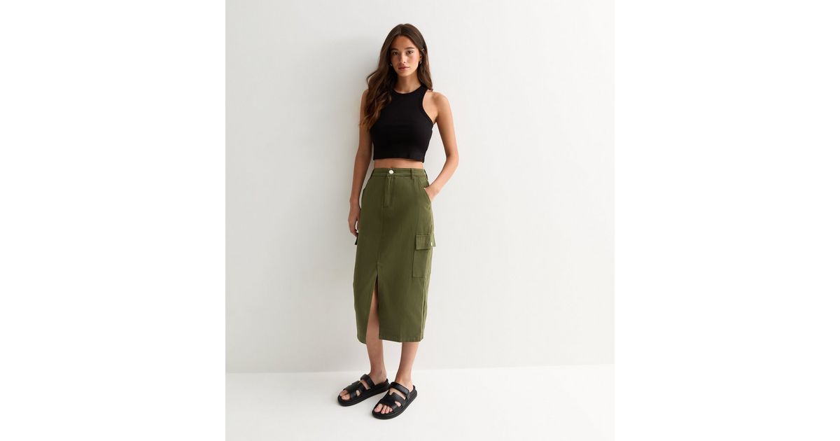 Gini London Olive Cargo Midi Skirt New Look