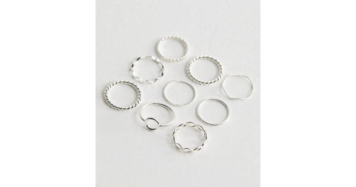 9 Pack Silver Mixed Stacking Rings | New Look