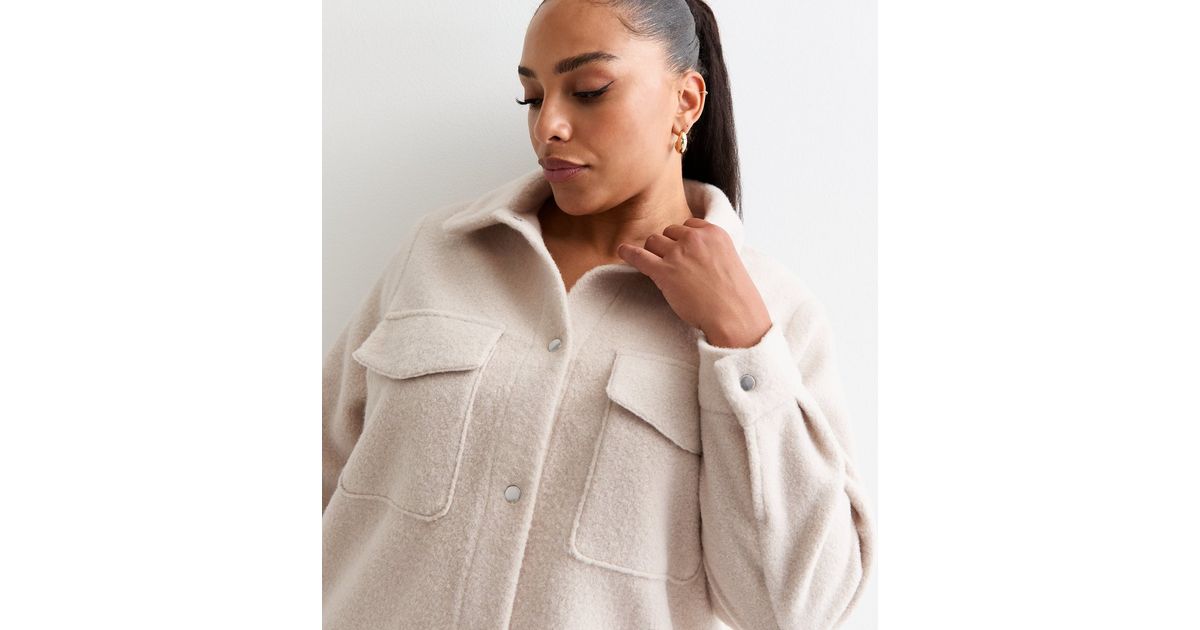 Curves Cream Felted Press Stud Shacket | New Look