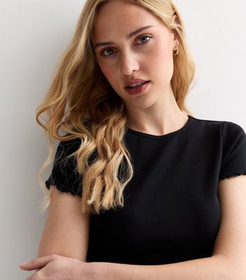 Black Ribbed Frill Hem T-Shirt | New Look