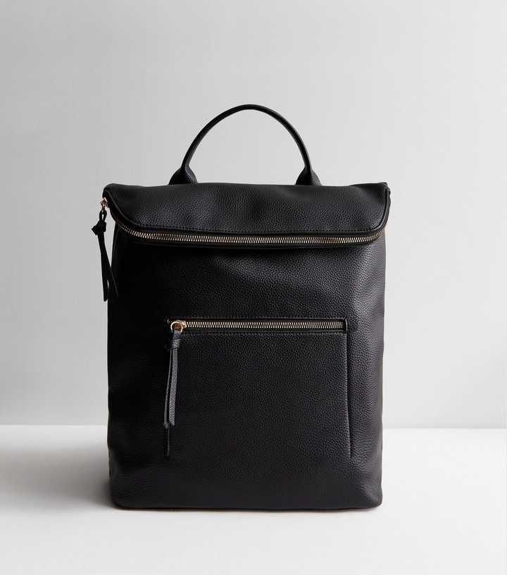 Black Leather-Look Foldover Backpack | New Look