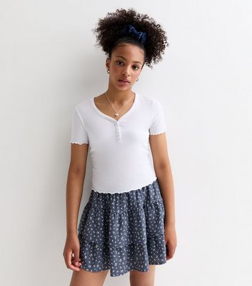 Girls White Ribbed Button Front T-Shirt | New Look