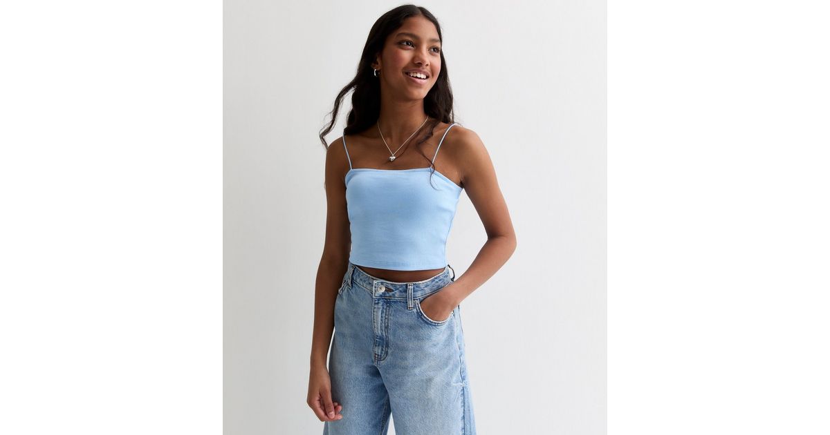 Girls Blue Ribbed Spaghetti Strap Cami Top | New Look