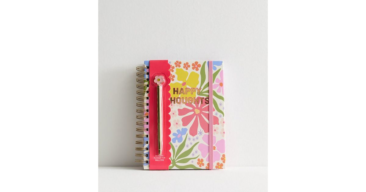 Multicoloured Happy Thoughts Journal and Pen | New Look