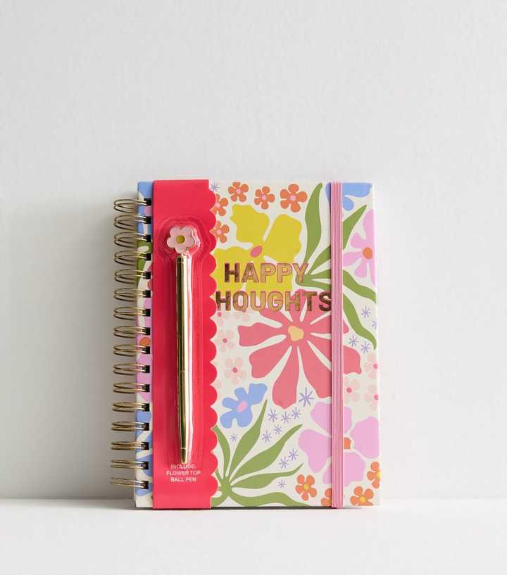 Multicoloured Happy Thoughts Journal and Pen | New Look