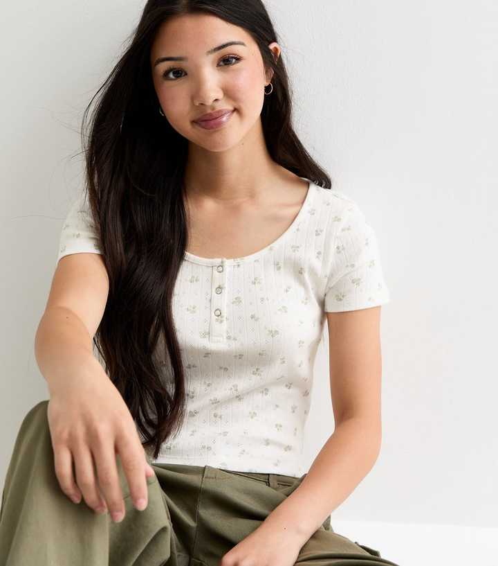 Girls White Pointelle Cotton Floral Ditsy Print Top | New Look