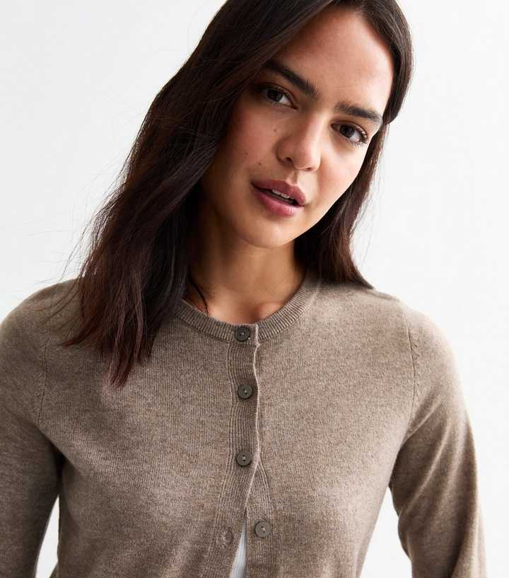 Mink Fine Knit Crew Neck Cardigan | New Look