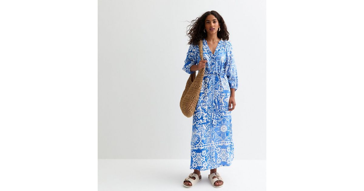 Petite Blue Tile Print Shirt Dress | New Look
