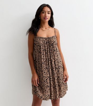 Petite Brown Abstract-Print Mini Dress | New Look