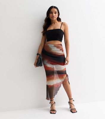 Petite Red Diagonal Stripe Mesh Asymmetric Midi Skirt | New Look