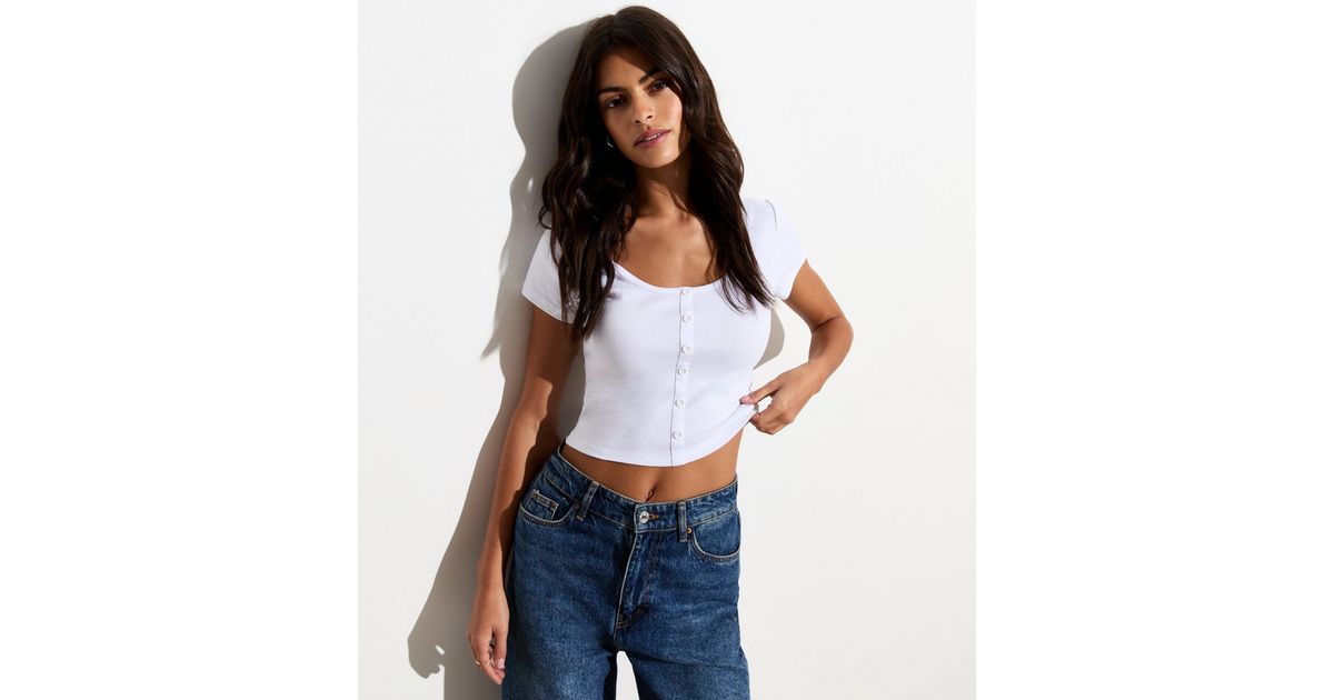White Button Front Crop Cotton T-Shirt | New Look