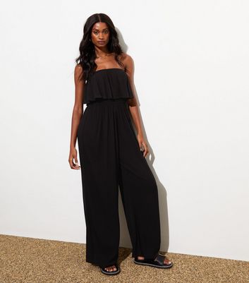 Black Bandeau-Neck Ruffle-Trim Beach Jumpsuit | New Look