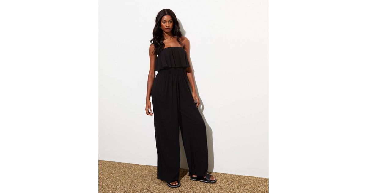 Black Bandeau-Neck Ruffle-Trim Beach Jumpsuit | New Look