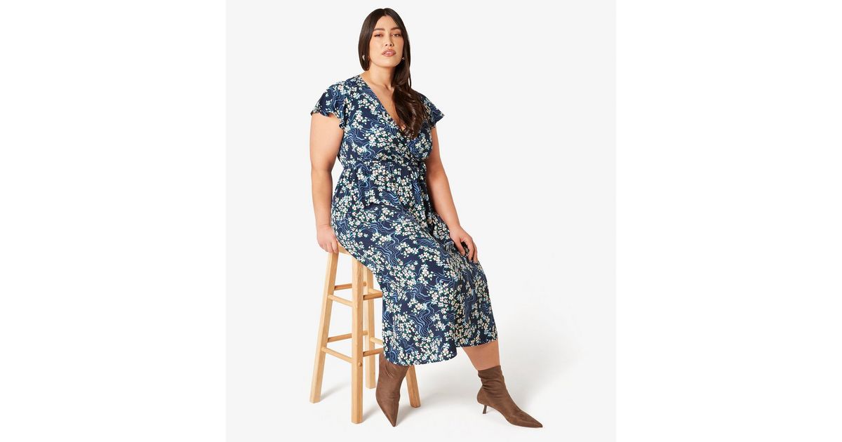 Apricot Curves Blue Floral Print Midi Wrap Dress New Look