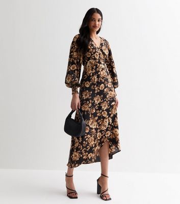 Gini London Black Floral Wrap Midi Dress | New Look