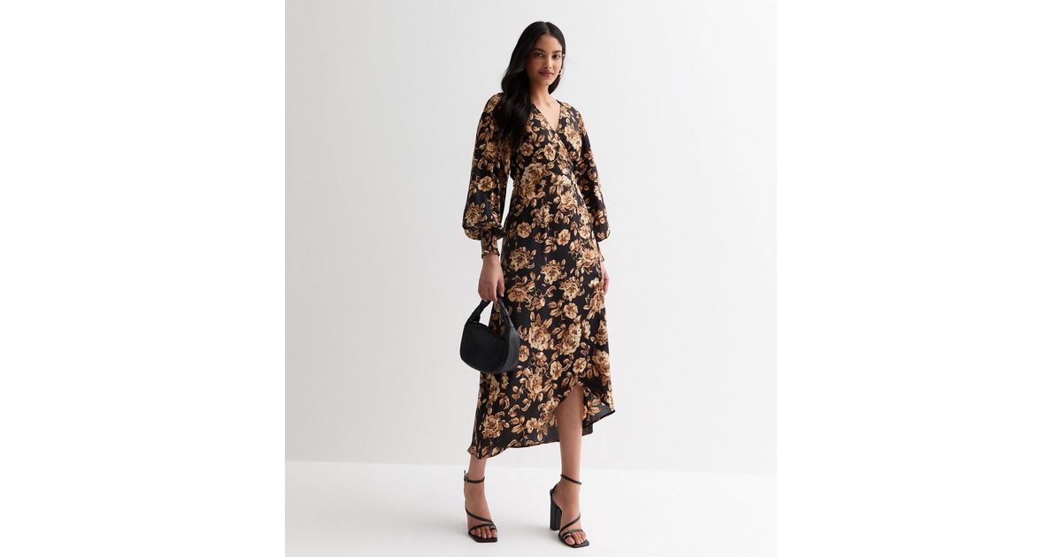 Gini London Black Floral Wrap Midi Dress | New Look